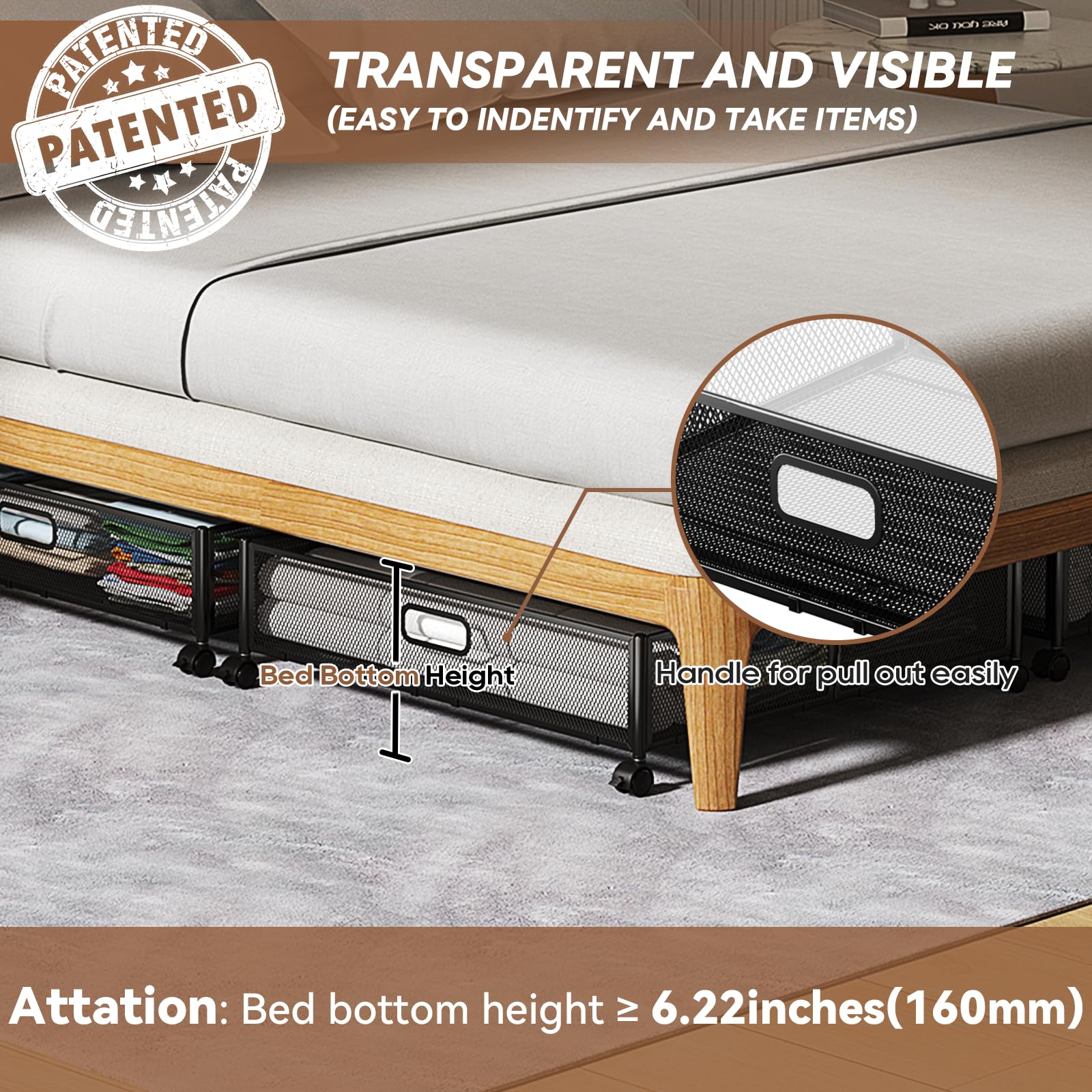 Under Bed Storage, Under the Bed Storage Containers with Wheels, Under Bed Shoe Storage Organizer Drawer, Tool-free Assembly Metal Underbed Storage Containers for Bedroom Clothes Shoes Blankets -4Pack