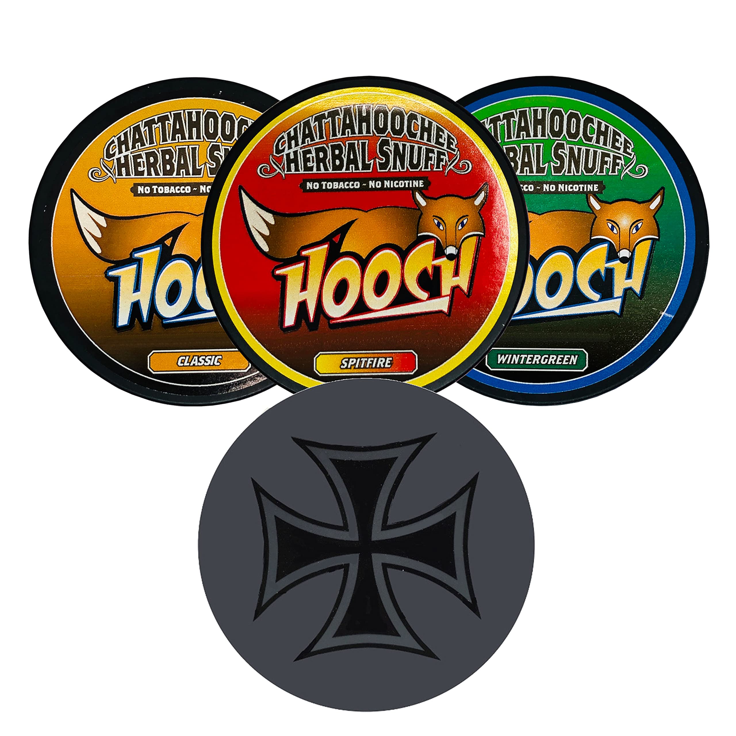 Hooch Herbal Snuff 3 Can Variety Sampler (Classic, Spitfire, and Wintergreen) Fine Cut with DC Crafts Nation Skin Can Cover - Iron Cross