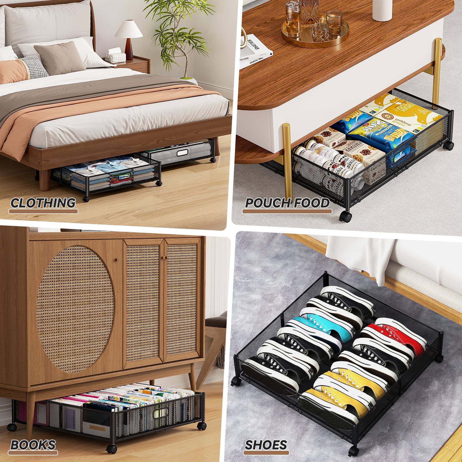 Under Bed Storage, Under the Bed Storage Containers with Wheels, Under Bed Shoe Storage Organizer Drawer, Tool-free Assembly Metal Underbed Storage Containers for Bedroom Clothes Shoes Blankets -4Pack