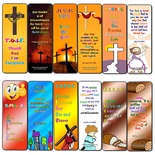 Christian Gospel Bookmarks for Kids (12 Pack) - Collection of Inspirational Bible Verses for Kids - Church Memory Verse Sunday School Rewards - Christian Stocking Stuffers Birthday Assorted Bulk Pack