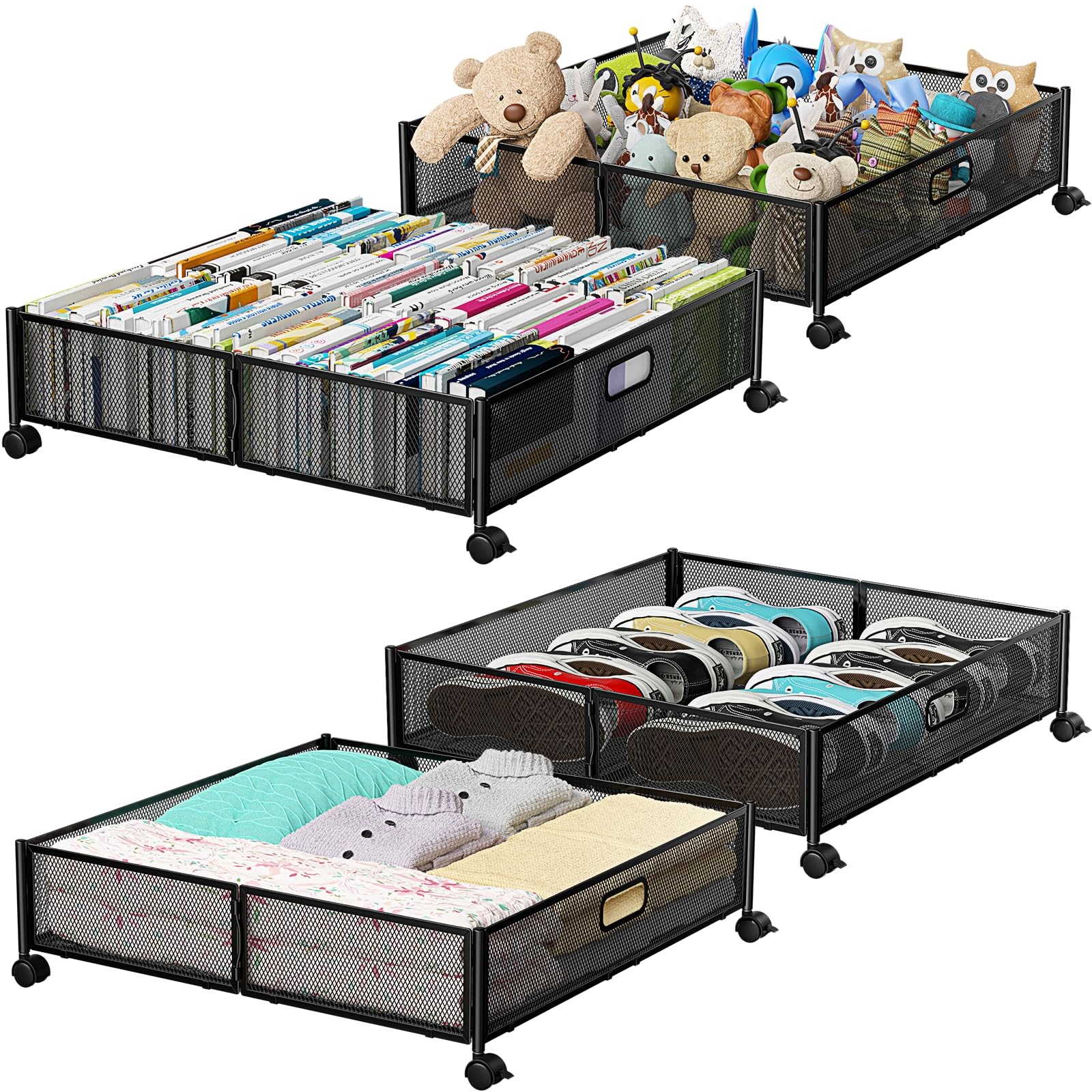 Under Bed Storage, Under the Bed Storage Containers with Wheels, Under Bed Shoe Storage Organizer Drawer, Tool-free Assembly Metal Underbed Storage Containers for Bedroom Clothes Shoes Blankets -4Pack