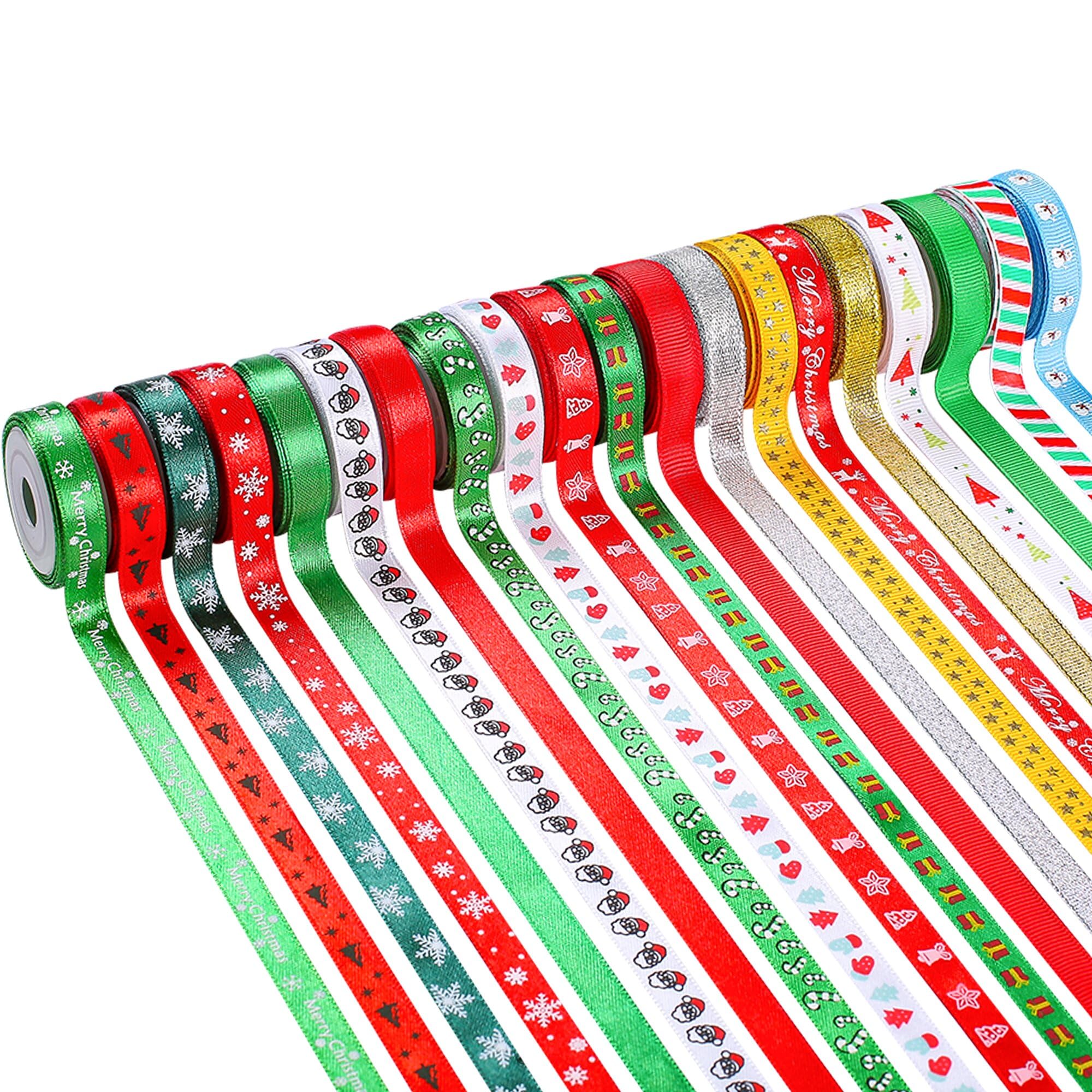 LIUYAXI 20 Rolls 100 Yards Christmas Ribbons Grosgrain Metallic Glitter Double Faced Fabric Holiday Festival Satin Continuous Ribbons 10mm Wide for Gift Wrapping Decoration