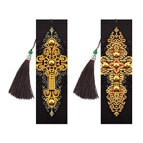 Generic 2 Pieces Diamond Painting Kits Bookmarks with Tassel Jesus Cross Christian DIY Leather Bookmark Art Craft 5D Special Shaped Crystal Paint by Numbers for Adults Kids Students Gift 6x21cm