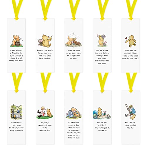 10 Pcs Winnie Bookmark, Winnie Theme Book Markers with Gold Ribbons, 15 x 5 cm