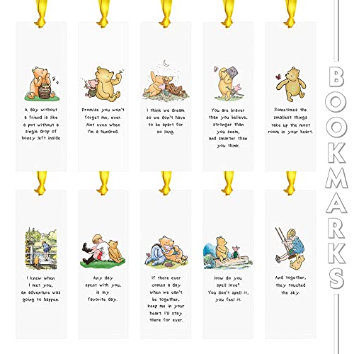 10 Pcs Winnie Bookmark, Winnie Theme Book Markers with Gold Ribbons, 15 x 5 cm