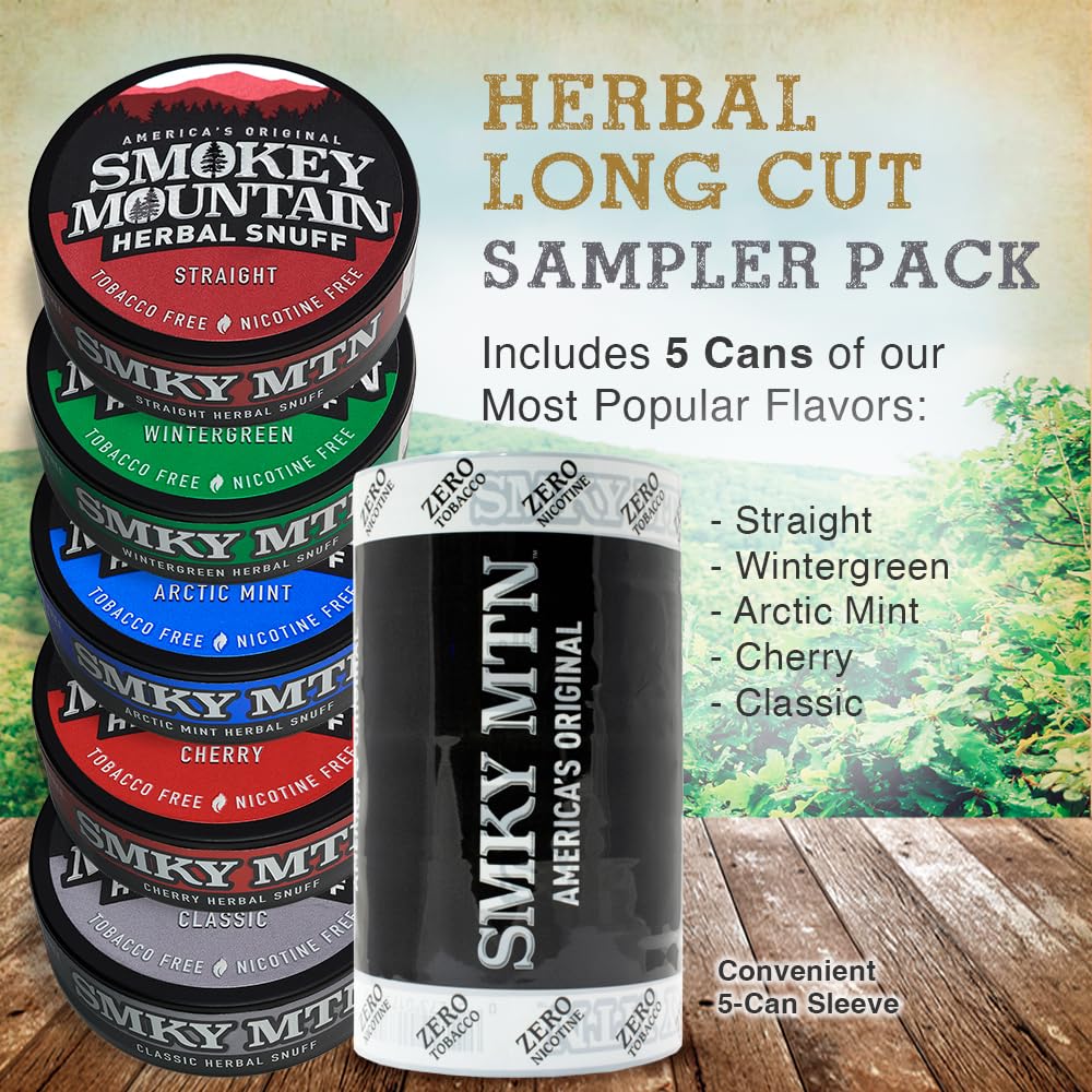 Smokey Mountain Herbal Long Cut β 5 Can Sampler Box - Straight, Classic, Wintergreen, Arctic Mint & Cherry - Tobacco Free and Nicotine Free Snuff