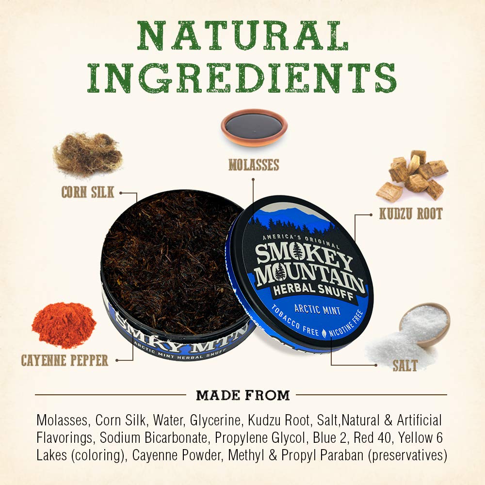 Smokey Mountain Herbal Long Cut β 5 Can Sampler Box - Straight, Classic, Wintergreen, Arctic Mint & Cherry - Tobacco Free and Nicotine Free Snuff