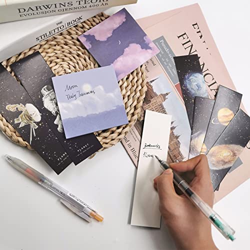 Daily Treasures 30Pcs Space Theme Bookmarks, Colorful Universe Book Markers with 3Pack Moon Sticky Notes-Double Side Galaxy Planet Spaceship Inspirational Bookmarks for Space Enthusiasts, Book Lovers