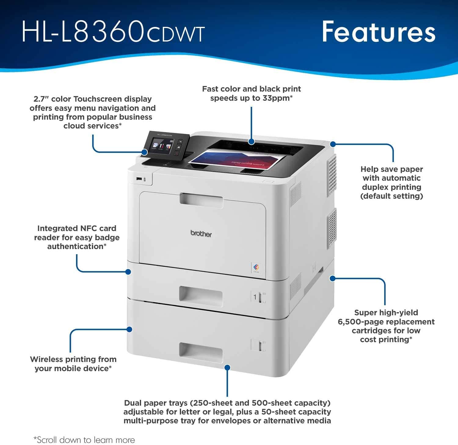 Brother Color HL-L8360CDWT Business Wireless Single-Function Laser Printer - Print Only - 2.7" Touchscreen, 33 ppm, 600 x 2400 dpi, 1GB Memory, Auto Duplex Printing, Dual Trays, NFC, Ethernet, Cbmoun