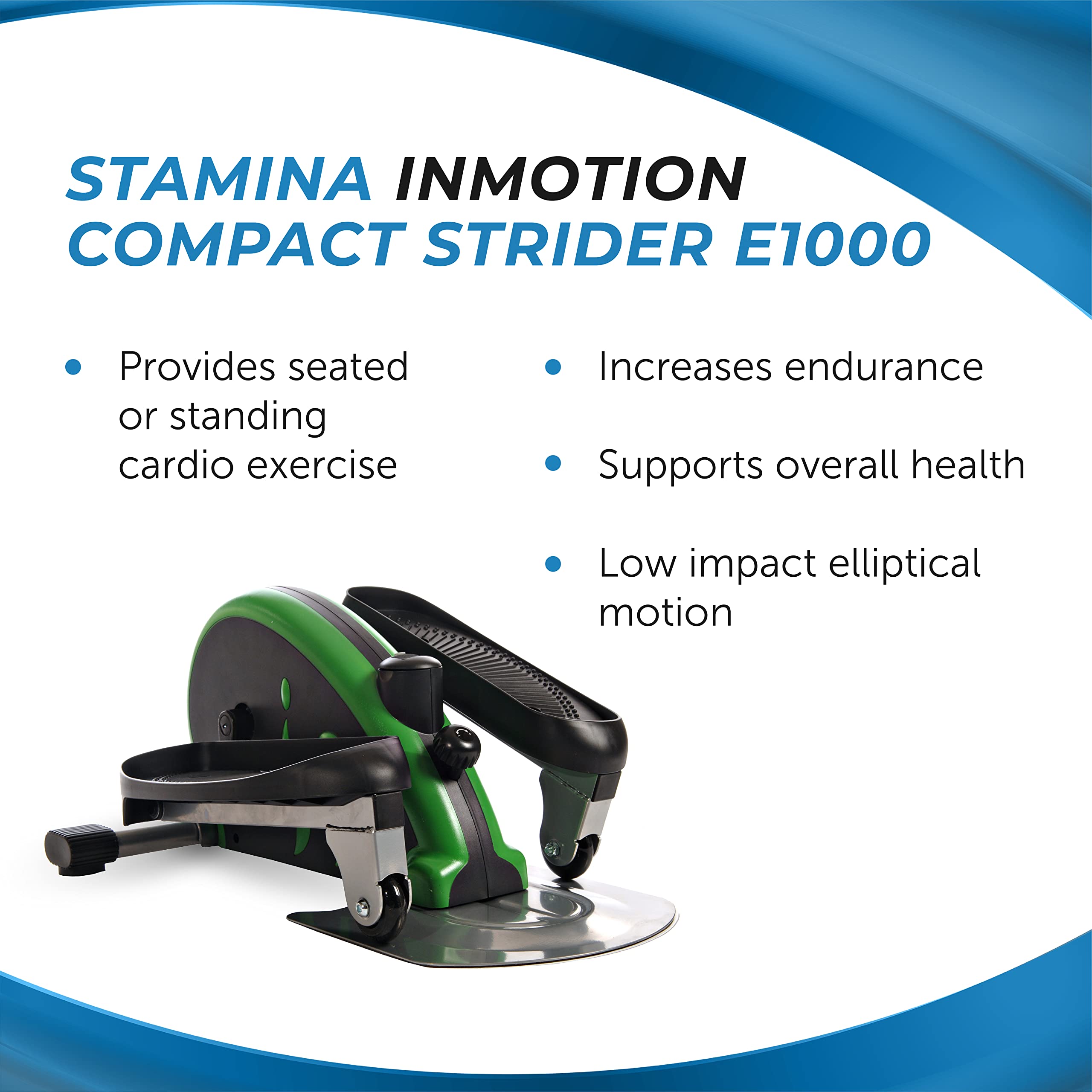 Stamina Inmotion E1000 Compact Strider - Seated Elliptical with Smart Workout App - Foot Pedal Exerciser for Home Workout - Up to 250 lbs Weight Capacity - Black/Green