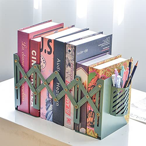 Citmage Adjustable Bookends 3 Compartments Decorative Metal Book Holders Heavy Duty Expandable Book Stand Organizer Magazine File Book Racks for Desk, Shelf, Office, Stationery Gift(Green)