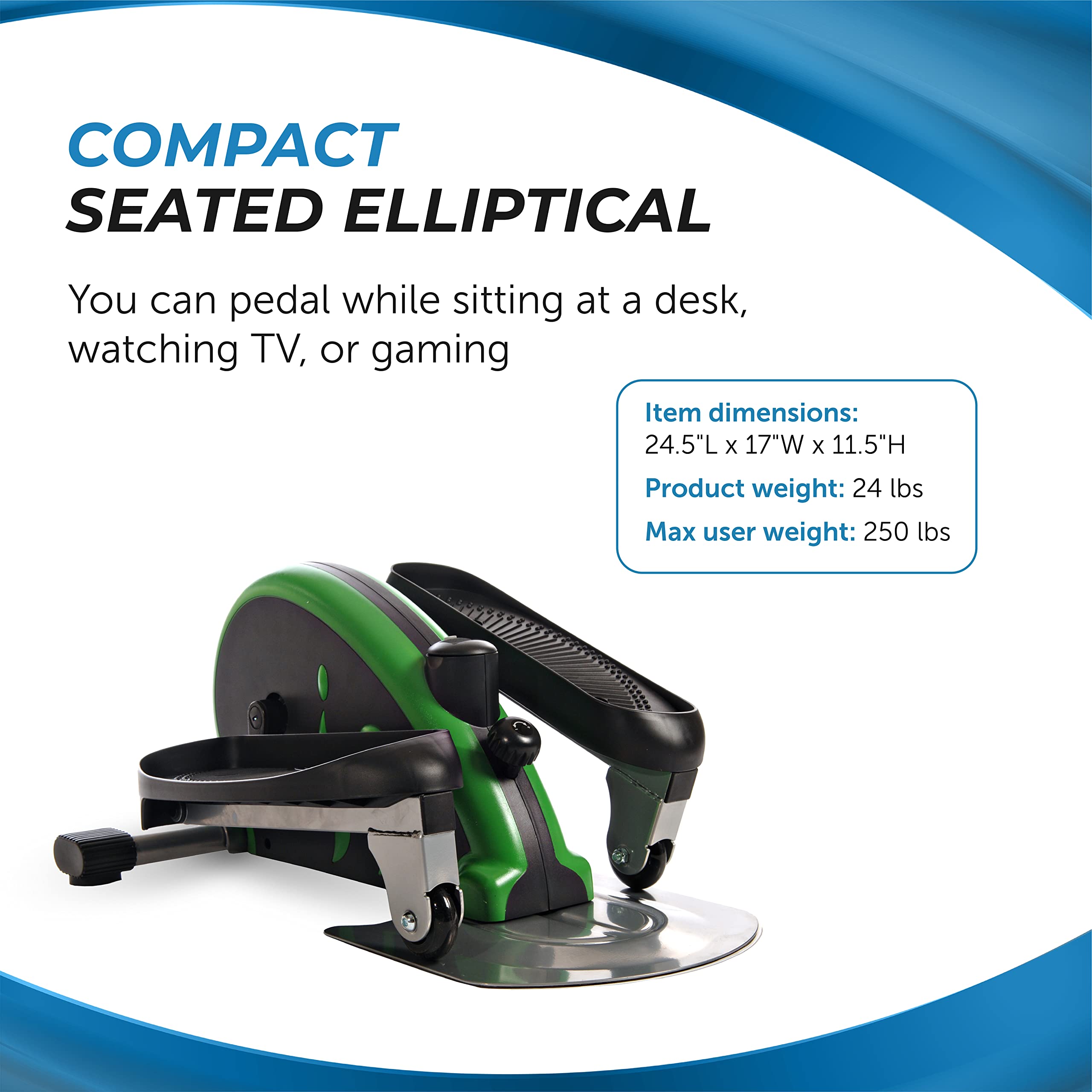 Stamina Inmotion E1000 Compact Strider - Seated Elliptical with Smart Workout App - Foot Pedal Exerciser for Home Workout - Up to 250 lbs Weight Capacity - Black/Green