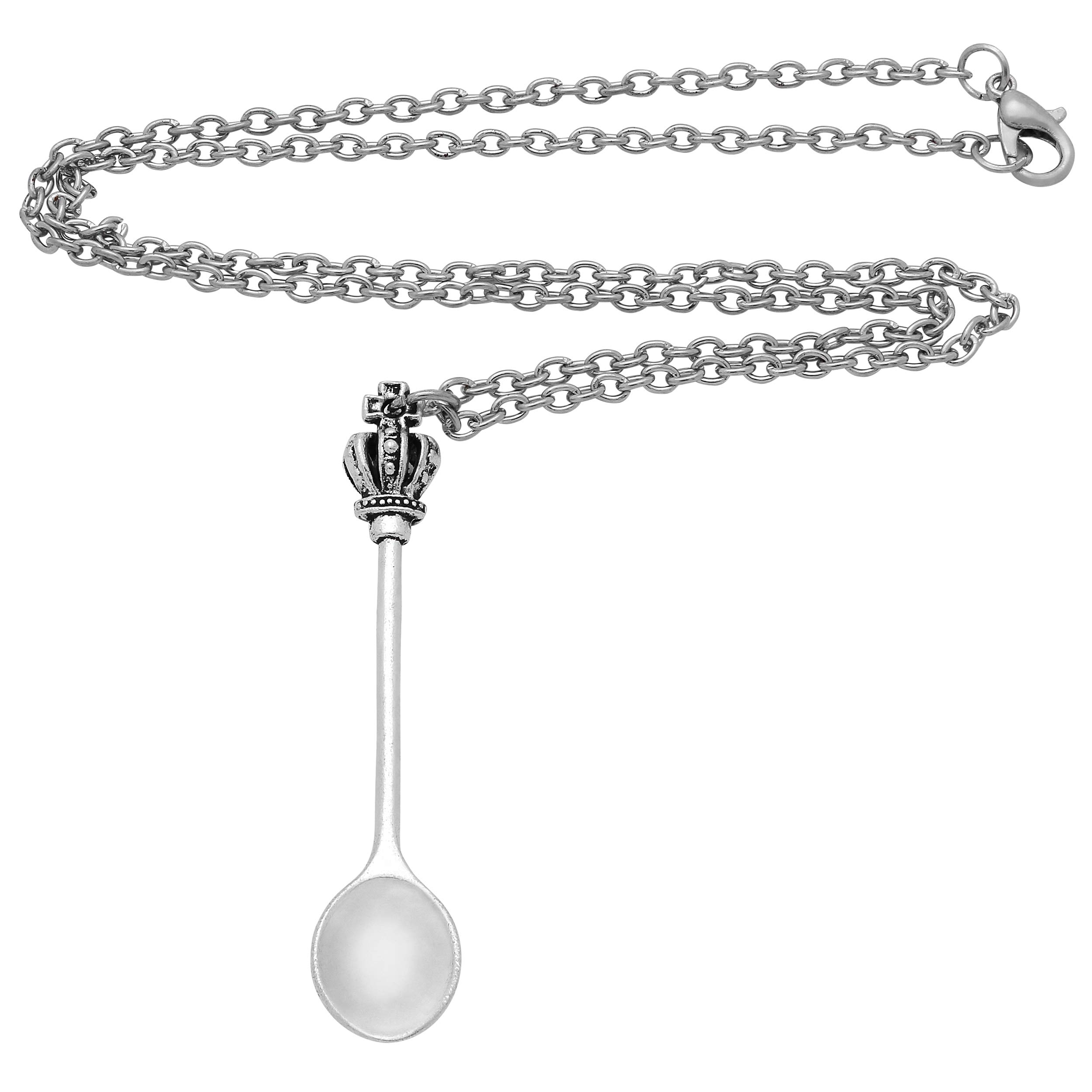 Art Attack Snuff Spice Spoon Necklace, Wonderland Powder Teaspoon Adult Charm Pendant Party Favor (Silver)