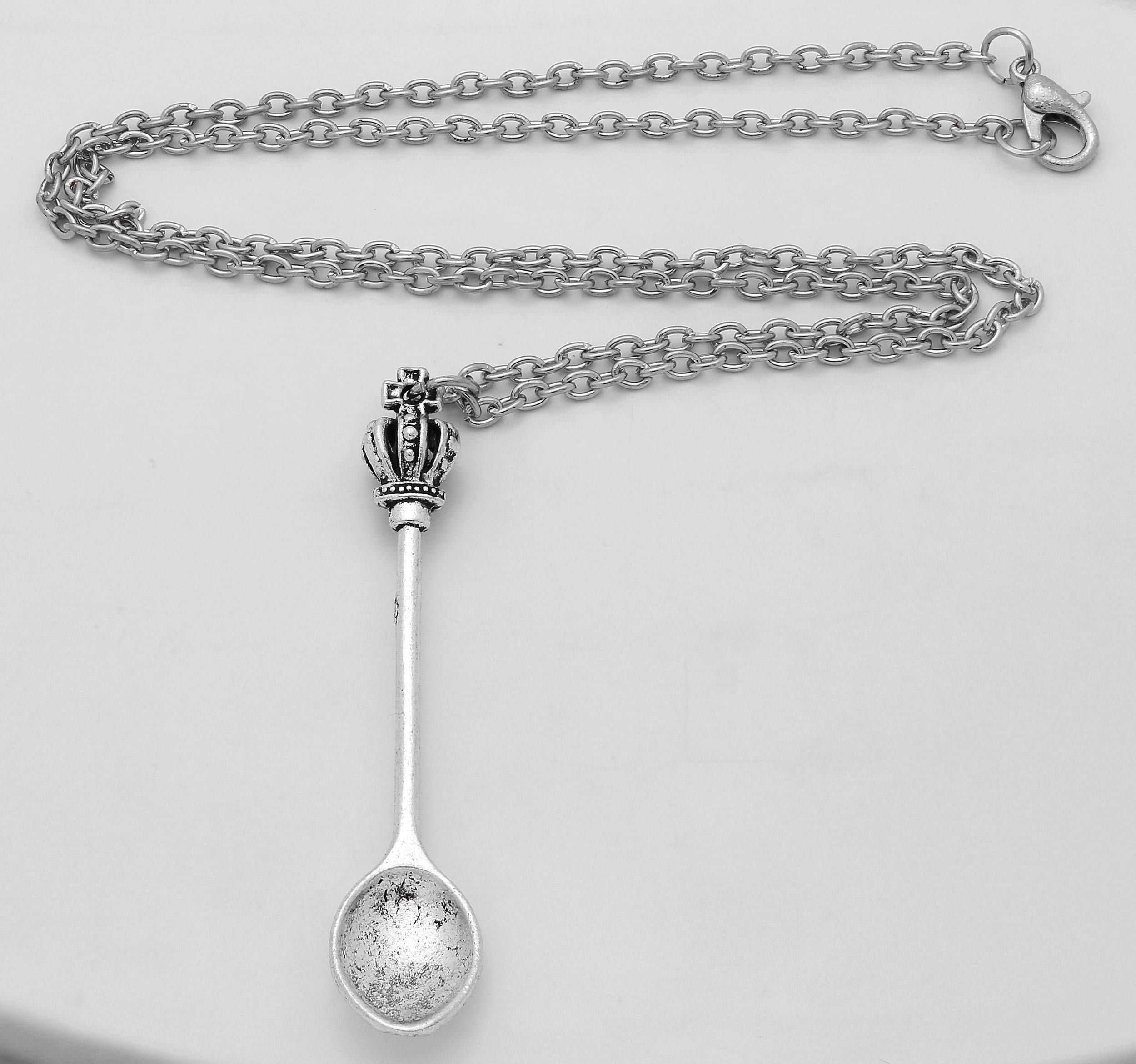 Art Attack Snuff Spice Spoon Necklace, Wonderland Powder Teaspoon Adult Charm Pendant Party Favor (Silver)