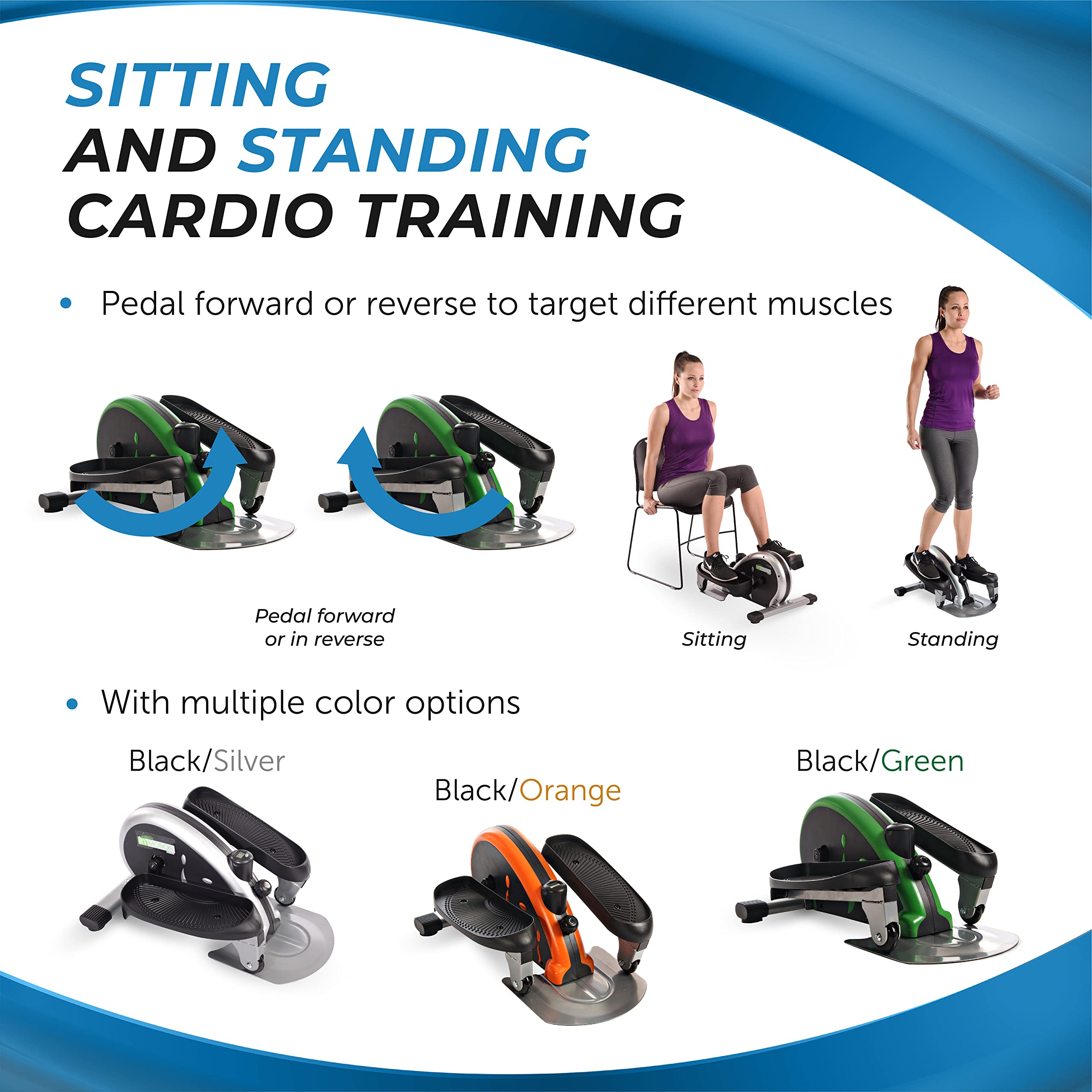 Stamina Inmotion E1000 Compact Strider - Seated Elliptical with Smart Workout App - Foot Pedal Exerciser for Home Workout - Up to 250 lbs Weight Capacity - Black/Green