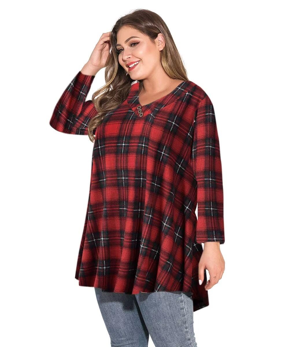 MONNURO Womens Plus Size 3/4 Sleeve V Neck Button Casual Loose Flowy Swing Tunic Tops Plaid Shirts for Leggings(Plaid Winered Pattern,1X