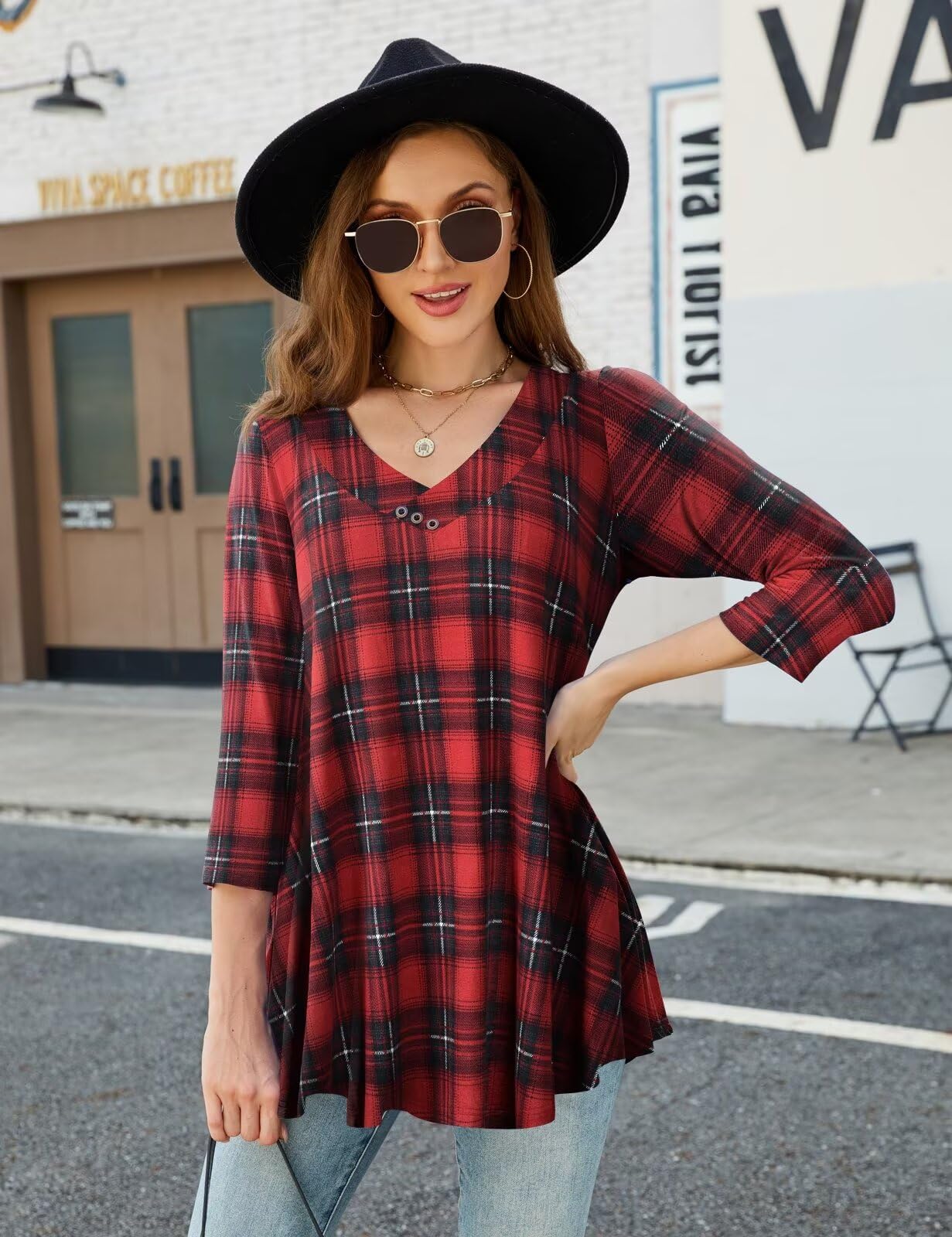 MONNURO Womens Plus Size 3/4 Sleeve V Neck Button Casual Loose Flowy Swing Tunic Tops Plaid Shirts for Leggings(Plaid Winered Pattern,1X