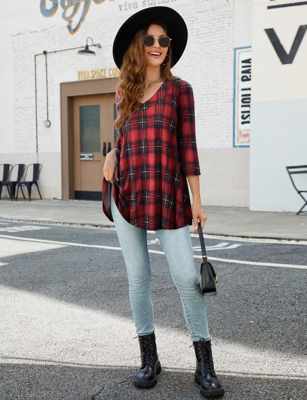 MONNURO Womens Plus Size 3/4 Sleeve V Neck Button Casual Loose Flowy Swing Tunic Tops Plaid Shirts for Leggings(Plaid Winered Pattern,1X