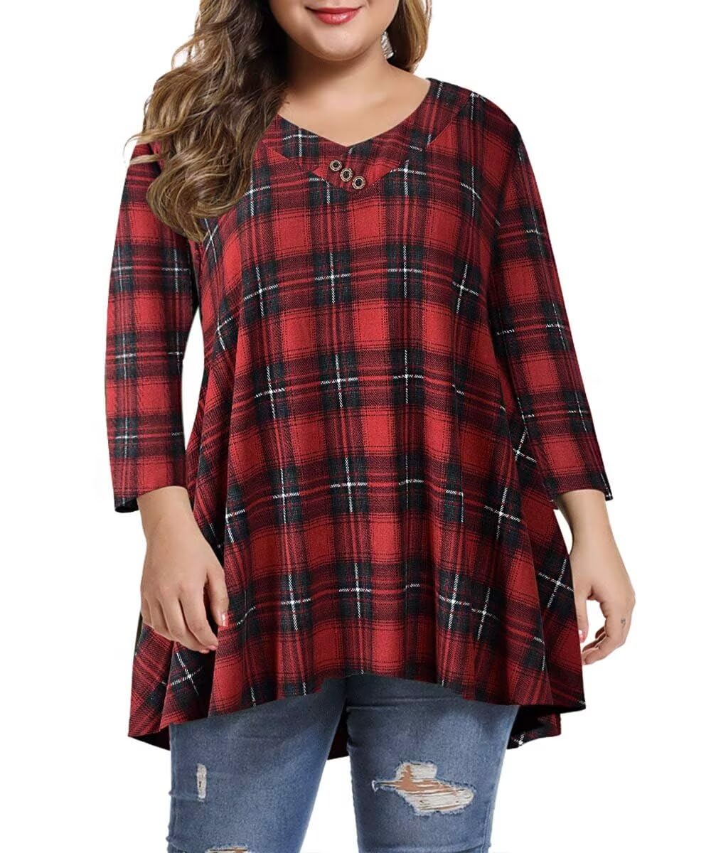MONNURO Womens Plus Size 3/4 Sleeve V Neck Button Casual Loose Flowy Swing Tunic Tops Plaid Shirts for Leggings(Plaid Winered Pattern,1X