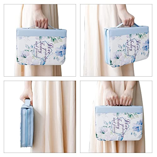 IvyRobes Zipper Bible Cover for Women Girls PU Leather, Blue Floral Pattern with Handle, Bible Bag Carrying Case Large Size