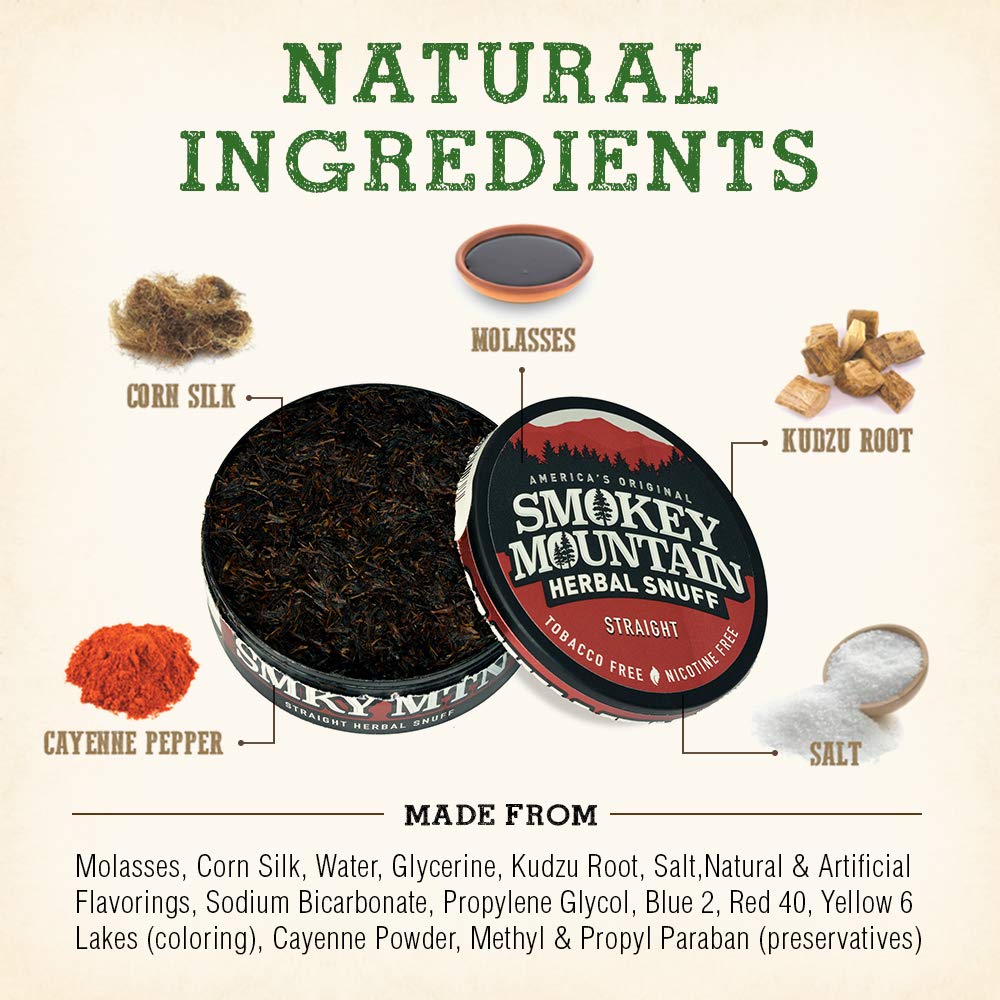Smokey Mountain Herbal Long Cut β Straight β 5 Can Box - Tobacco Free and Nicotine Free Snuff
