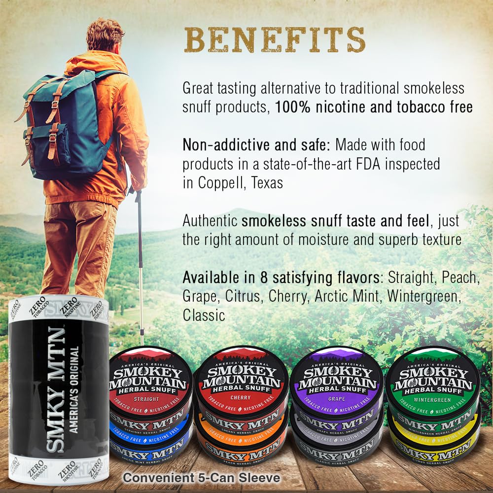 Smokey Mountain Herbal Long Cut β Straight β 5 Can Box - Tobacco Free and Nicotine Free Snuff