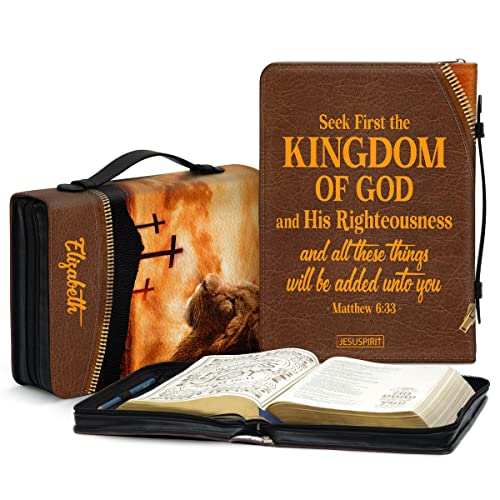 Jesuspirit - Lion & Cross - Zippered Bible Cover With Name - All These Things Will Be Added Unto You - Xlarge Size Leather Case With Handle - Matthew 6:33 - Worship Gift For Religious Leaders, Members