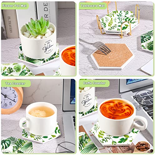 6 Pcs Plant Coasters with Holder Gold Absorbent, Drink Coasters Hexagon Farmhouse Ceramic Table Coaster Set Cute Coasters, Decorative Bar Wine Coasters Coffee Cup Coasters, Greenery Leaves Design