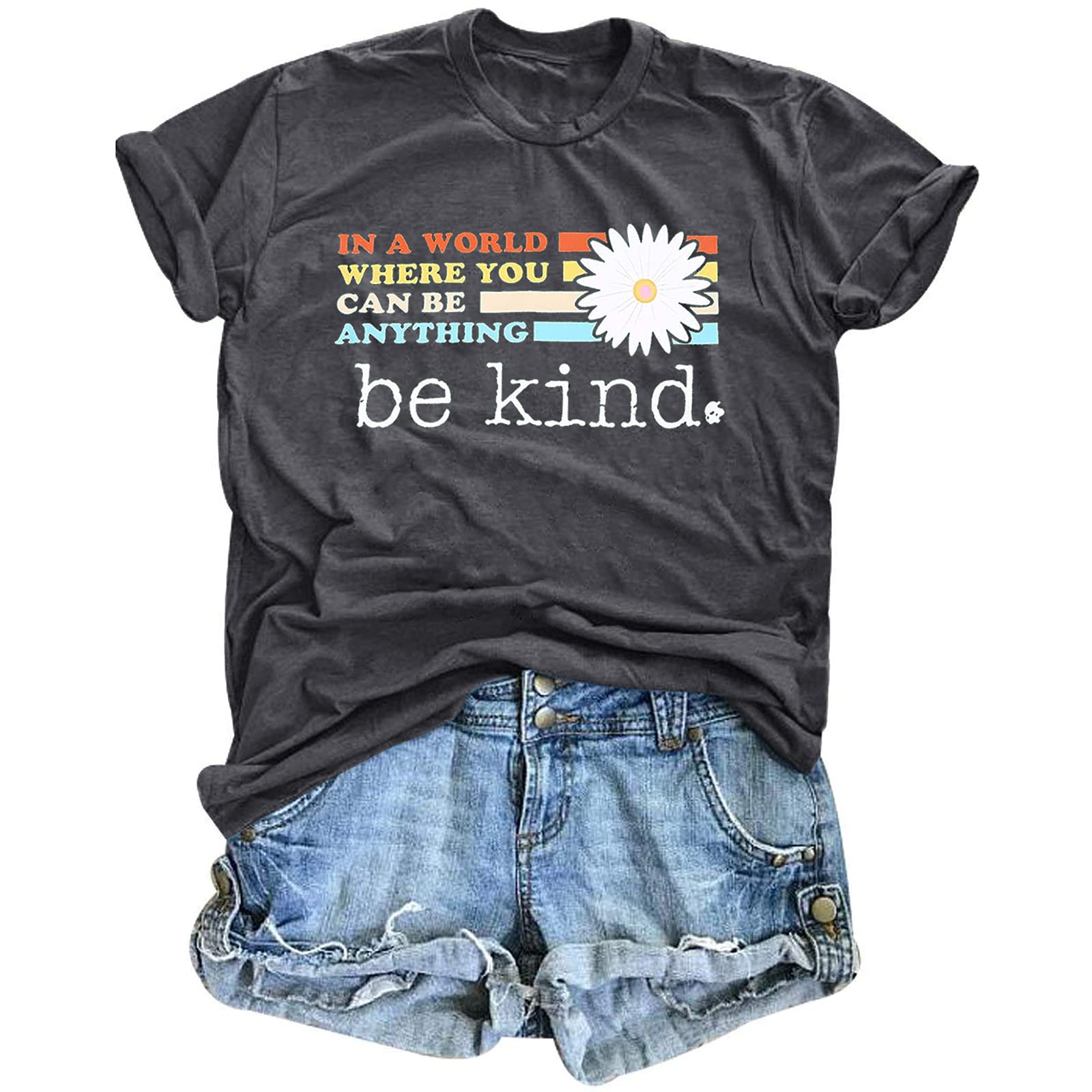 Be Kind Shirts Women Anything Be Kind Shirt Daisy Graphic Tee Inspirational T-Shirt Letter Printed Tee Tops