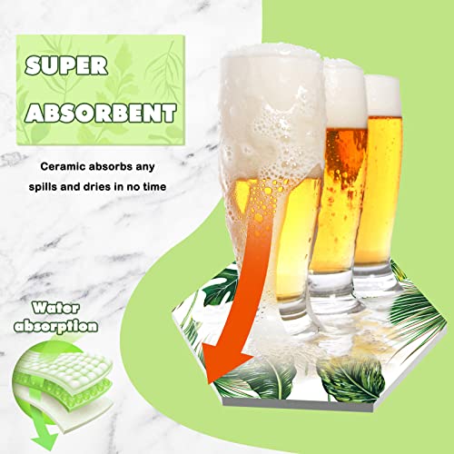 6 Pcs Plant Coasters with Holder Gold Absorbent, Drink Coasters Hexagon Farmhouse Ceramic Table Coaster Set Cute Coasters, Decorative Bar Wine Coasters Coffee Cup Coasters, Greenery Leaves Design