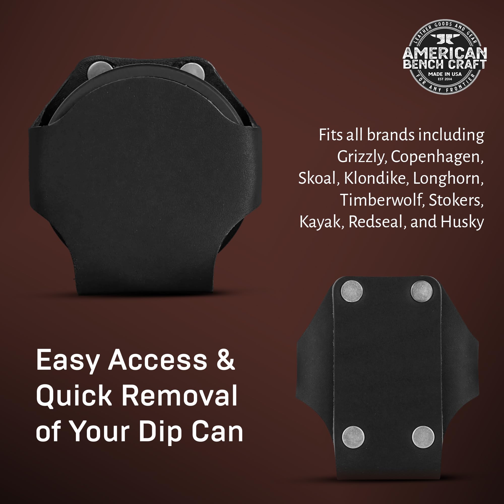 Dip Can Holder (Black) - Full Grain Leather Belt Pouch - w/Solid Brass Rivets - Convenient Slip-On Tobacco Dip Can Holster - Durable & Comfortable Snuff Can Holder - Stylish Belt Accessories for Men