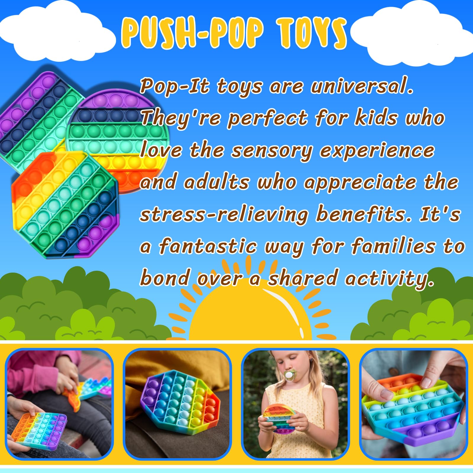Fidget Sensory Toy Its Pushit Pop Bubble - Rainbow Games, Stress Toys, 3 Packs for Children and Adults Fidget Stress Relief - 3 Shapes Fidget It - Circle Square Octagon
