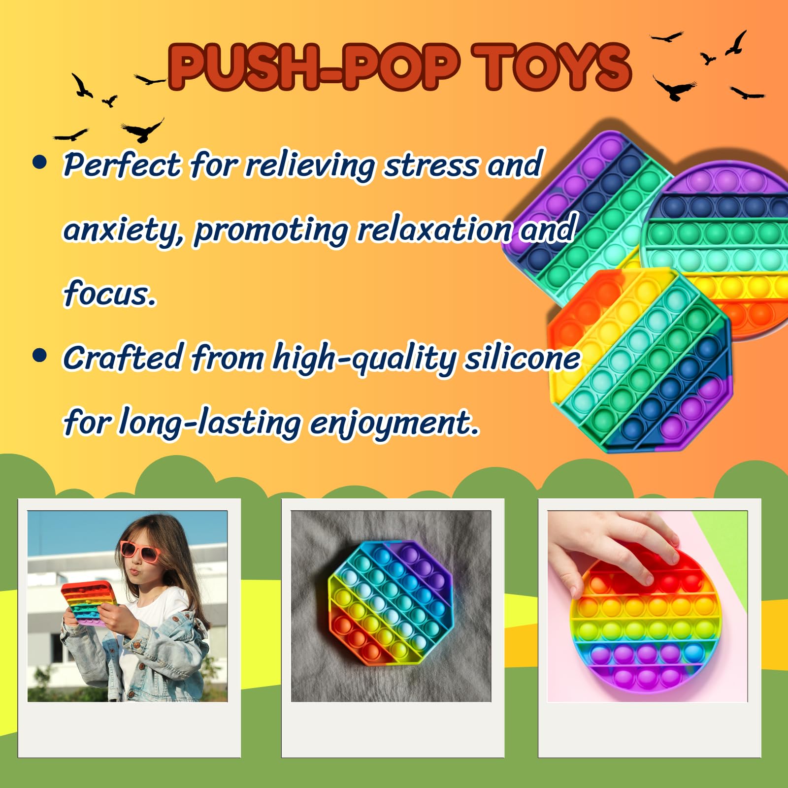 Fidget Sensory Toy Its Pushit Pop Bubble - Rainbow Games, Stress Toys, 3 Packs for Children and Adults Fidget Stress Relief - 3 Shapes Fidget It - Circle Square Octagon