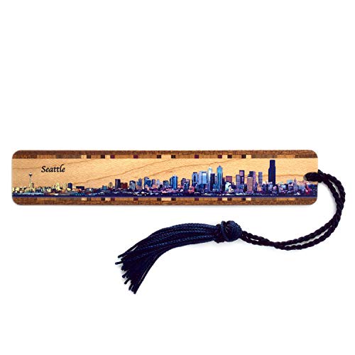 Personalized Seattle, Washington Skyline - Color Wooden Bookmark with Tassel - Made in USA