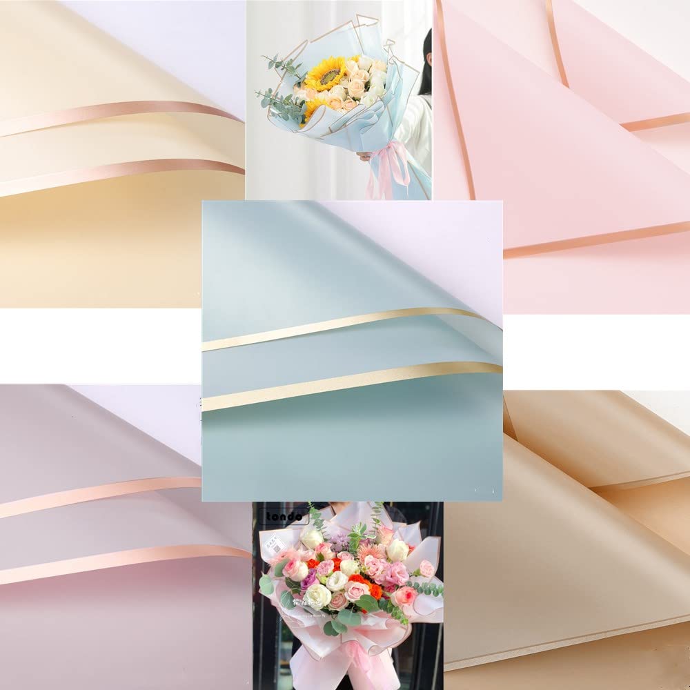 OUKEYI 25 Counts /5 Colors Gold Edge Waterproof Floral Wrapping Paper,Florist Bouquet Supplies,DIY Crafts,Gift Packaging or Gift Box PackagingPaper 22.8x22.8Inch