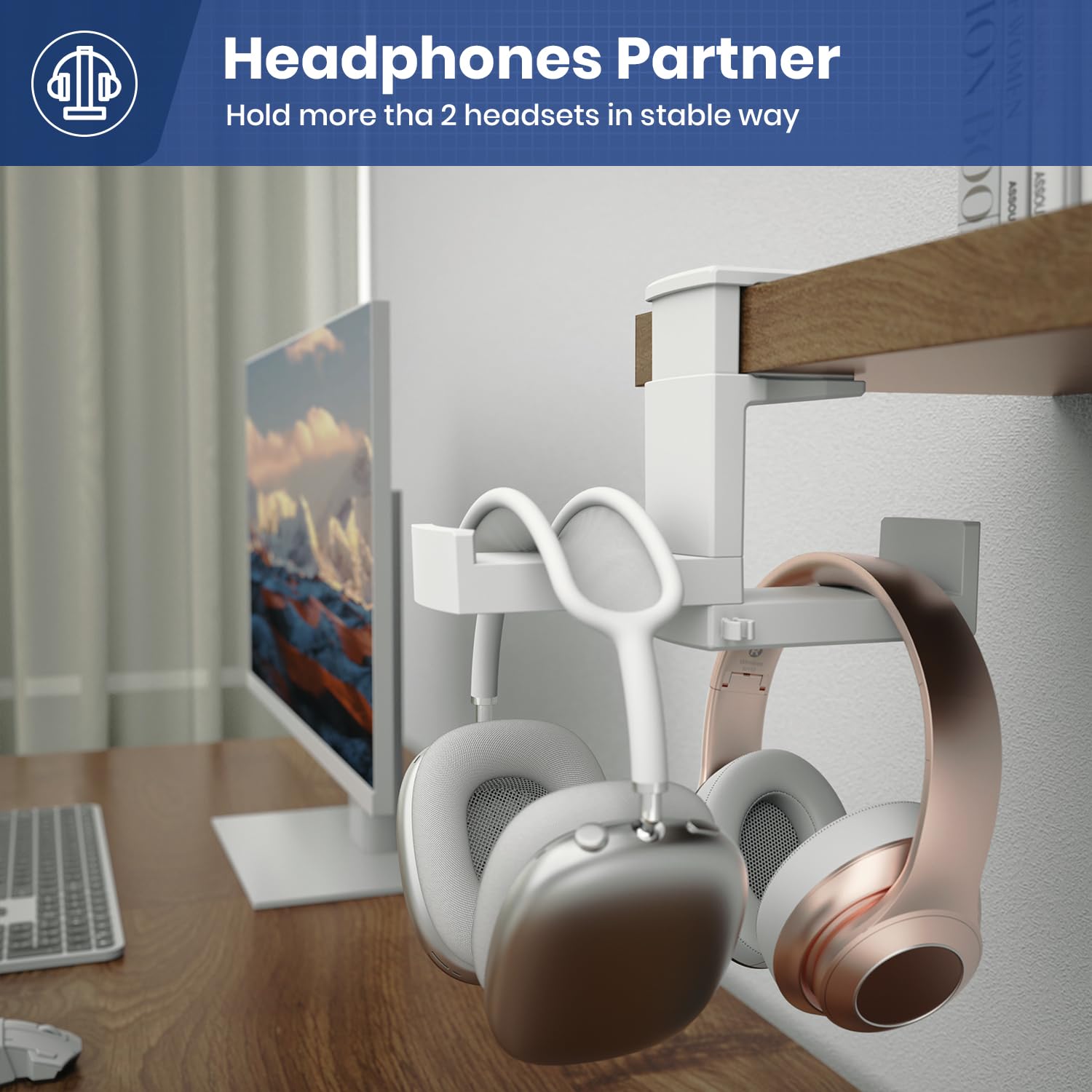 Dual Headphone Stand Holder - EURPMASK 2 in 1 PC Gaming Headset Hooks, 360 Degree Rotating Headphone Hanger with Adjustable Clamp & Cable Clip Organizer, Headset Mount Under Desk Earphone Clamp-White