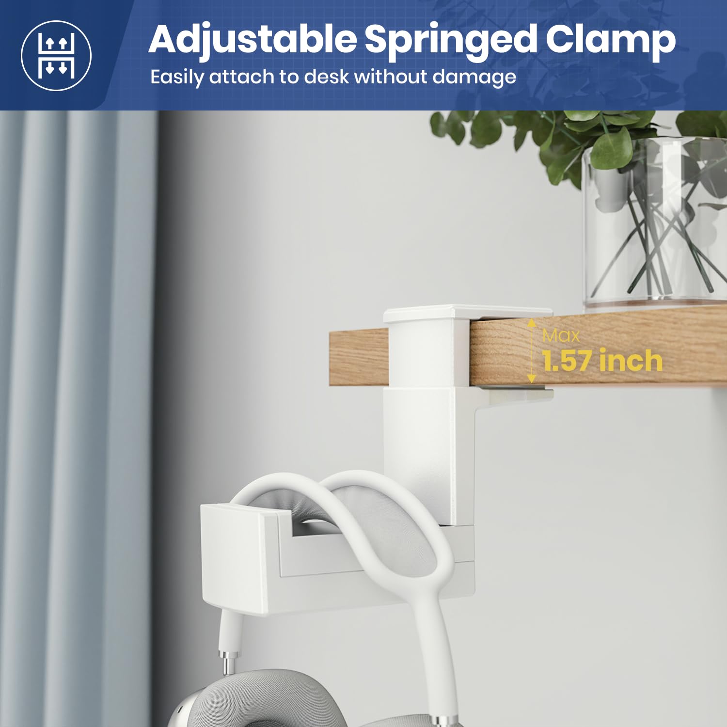 Dual Headphone Stand Holder - EURPMASK 2 in 1 PC Gaming Headset Hooks, 360 Degree Rotating Headphone Hanger with Adjustable Clamp & Cable Clip Organizer, Headset Mount Under Desk Earphone Clamp-White