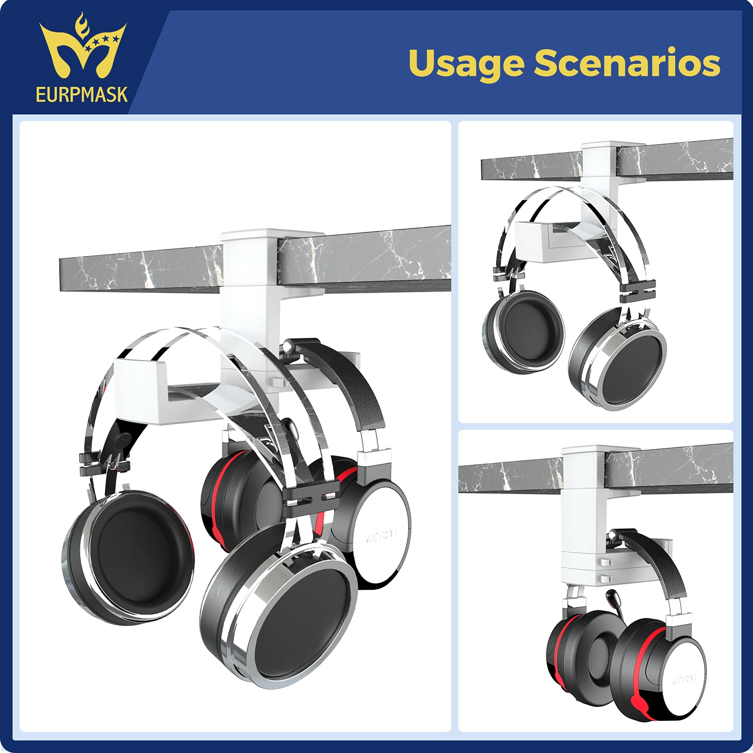 Dual Headphone Stand Holder - EURPMASK 2 in 1 PC Gaming Headset Hooks, 360 Degree Rotating Headphone Hanger with Adjustable Clamp & Cable Clip Organizer, Headset Mount Under Desk Earphone Clamp-White