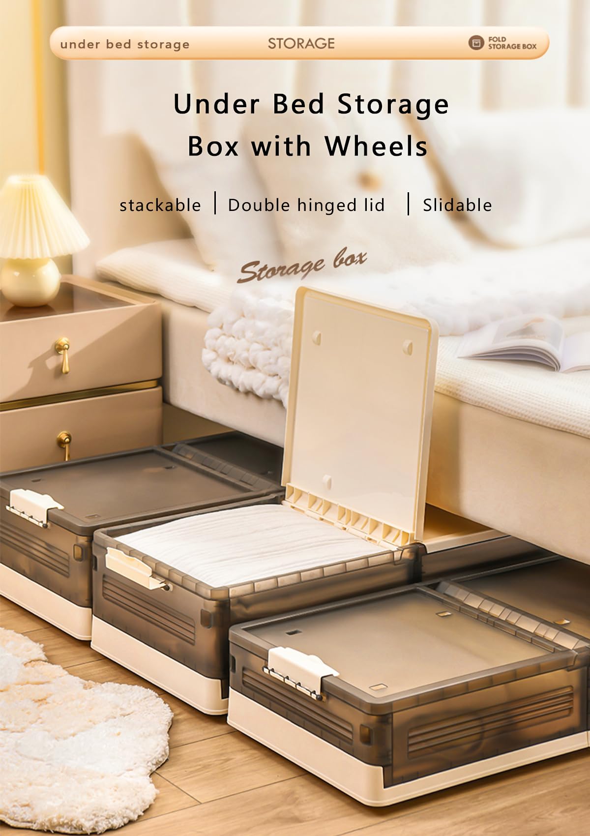 Corbyles Under Bed Storage - 3 Pack,Stackable Containers with Wheels,Folding Plastic Boxwith Lid，under Bins Drawer for Clothes,Shoes,Blankets,Clear + White,11.5Gal-3pack