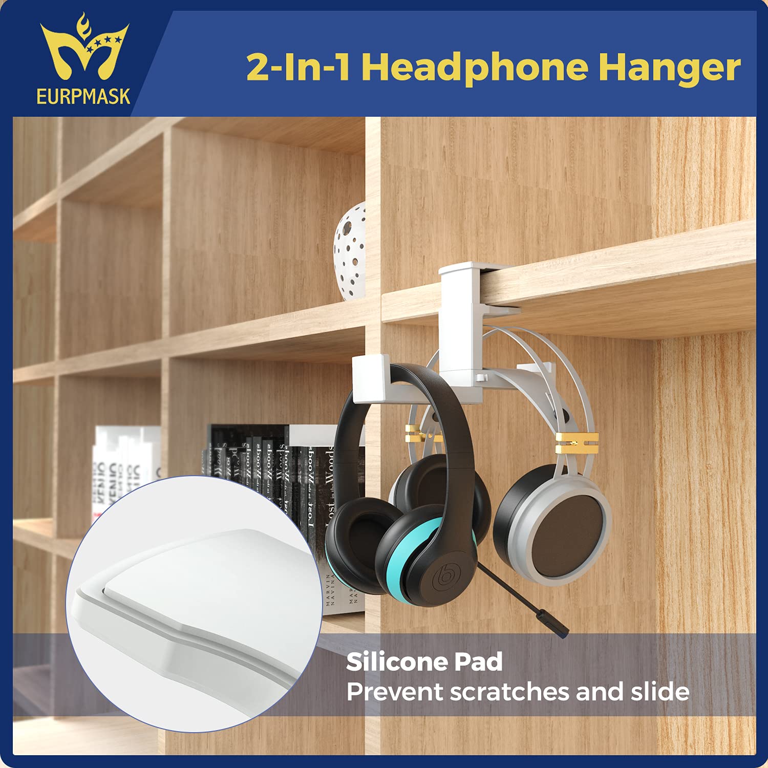 Dual Headphone Stand Holder - EURPMASK 2 in 1 PC Gaming Headset Hooks, 360 Degree Rotating Headphone Hanger with Adjustable Clamp & Cable Clip Organizer, Headset Mount Under Desk Earphone Clamp-White