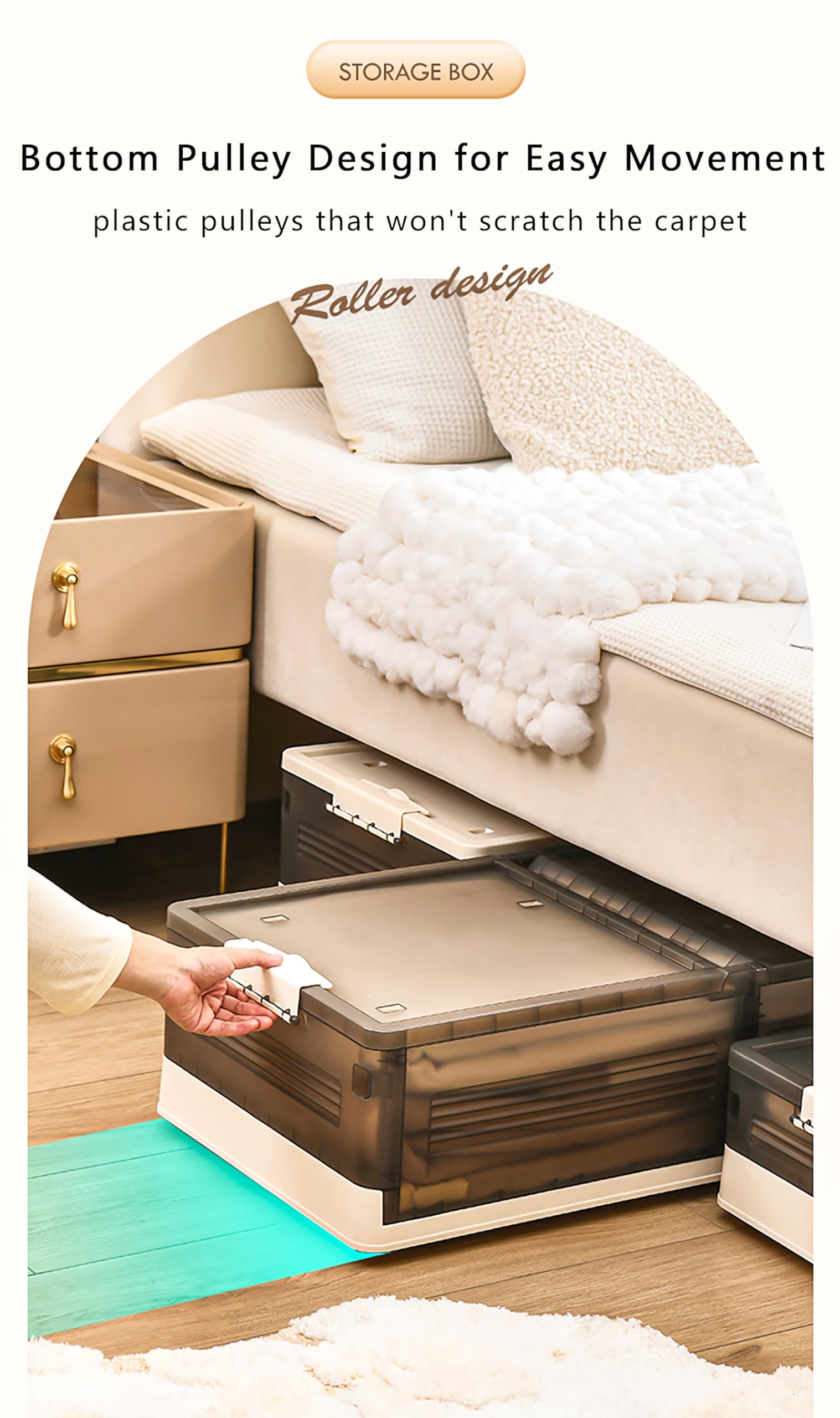 Corbyles Under Bed Storage - 3 Pack,Stackable Containers with Wheels,Folding Plastic Boxwith Lid，under Bins Drawer for Clothes,Shoes,Blankets,Clear + White,11.5Gal-3pack
