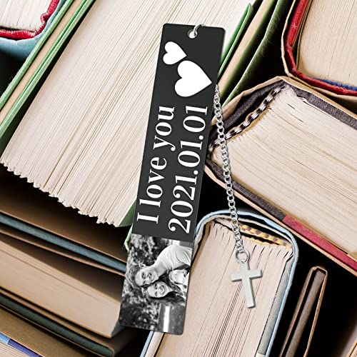 Personalized Engraved Bookmarks with Picture Logo Custom Laser Photo Name Book Mark Customized Metal Bookmarks with Cross for Women Men Teacher Valentineās Day Gift-Blue