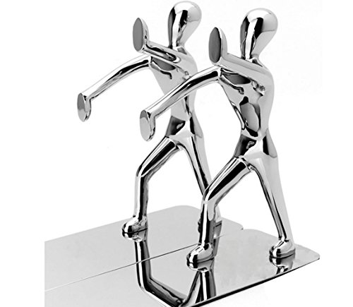 Winterworm Fashion Creative Stainless Steel Decorative Small Humanoid Bookend Pair Kung Fu Kungfu Man Book Organizer Metal Bookends Book end Book File Home Office Library Decoration Birthday Gift