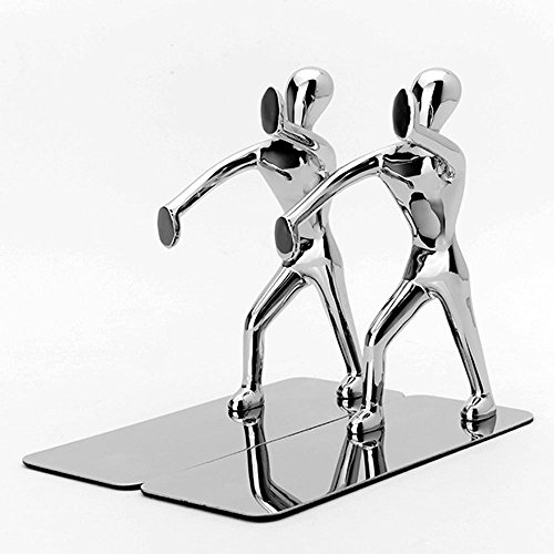 Winterworm Fashion Creative Stainless Steel Decorative Small Humanoid Bookend Pair Kung Fu Kungfu Man Book Organizer Metal Bookends Book end Book File Home Office Library Decoration Birthday Gift