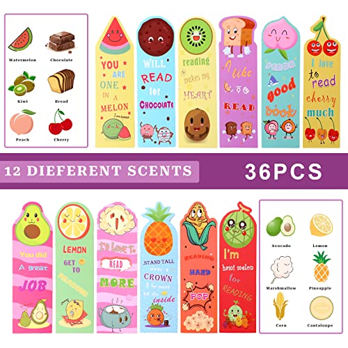Bookmarks Scratch and Sniff Bookmarks Fruit Theme Scented Fun Bookmarks Assorted Cute Bookmarks for Students, Teens, Food Lovers, 36 Pieces 12 Styles