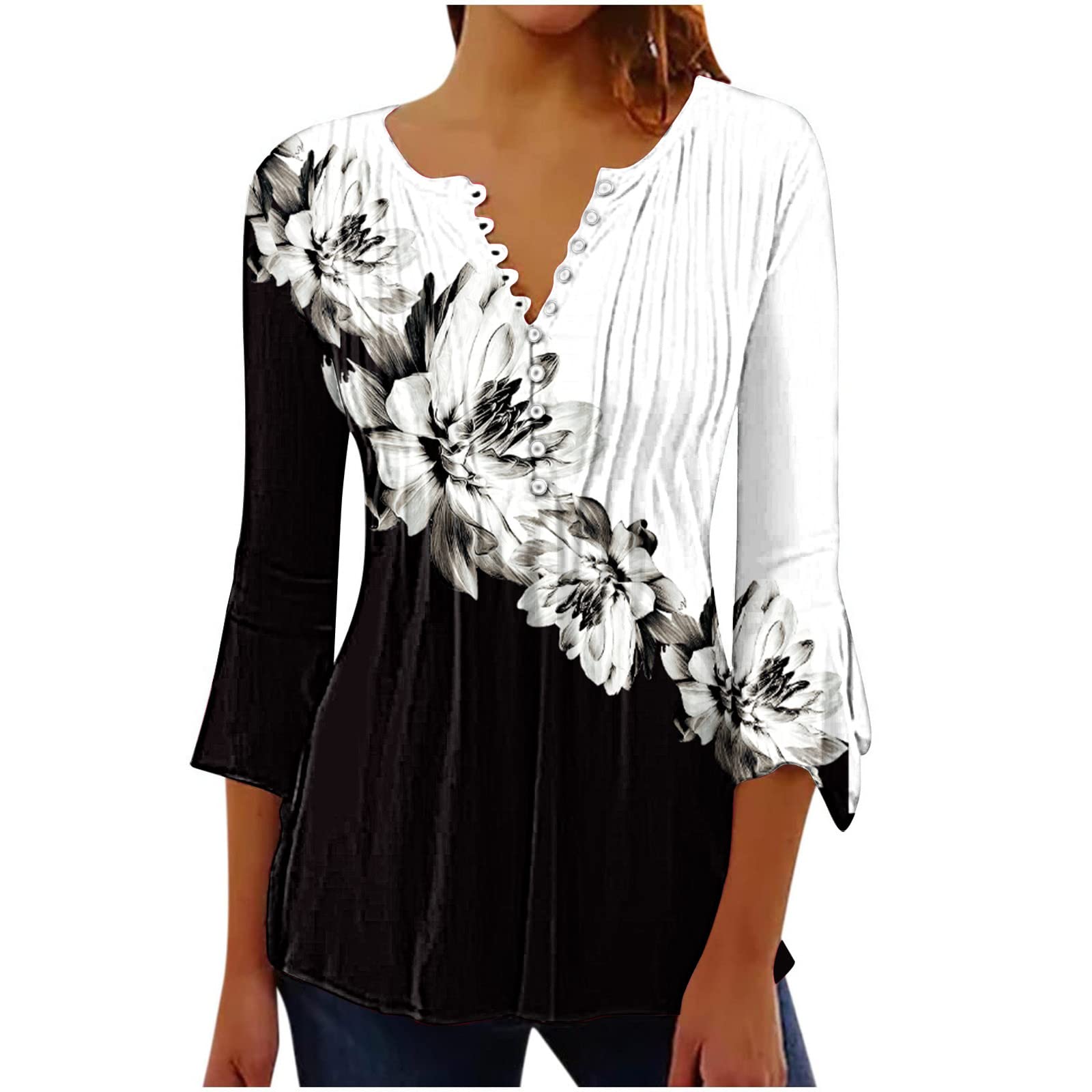 Warehouse Deals Today Button Down Shirts for Women Floral Print Tunic 2023 Summer Tops Dressy Casual Bell 3/4 Sleeve Buttons V Neck Spring Blouses