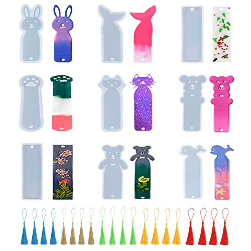 9Pcs Resin Bookmark Mold with 20Pcs Tassels, Silicone Rectangle Mold, Unique Resin Molds for Epoxy Resin, Bookmark Moulds Kits for Resin Casting DIY