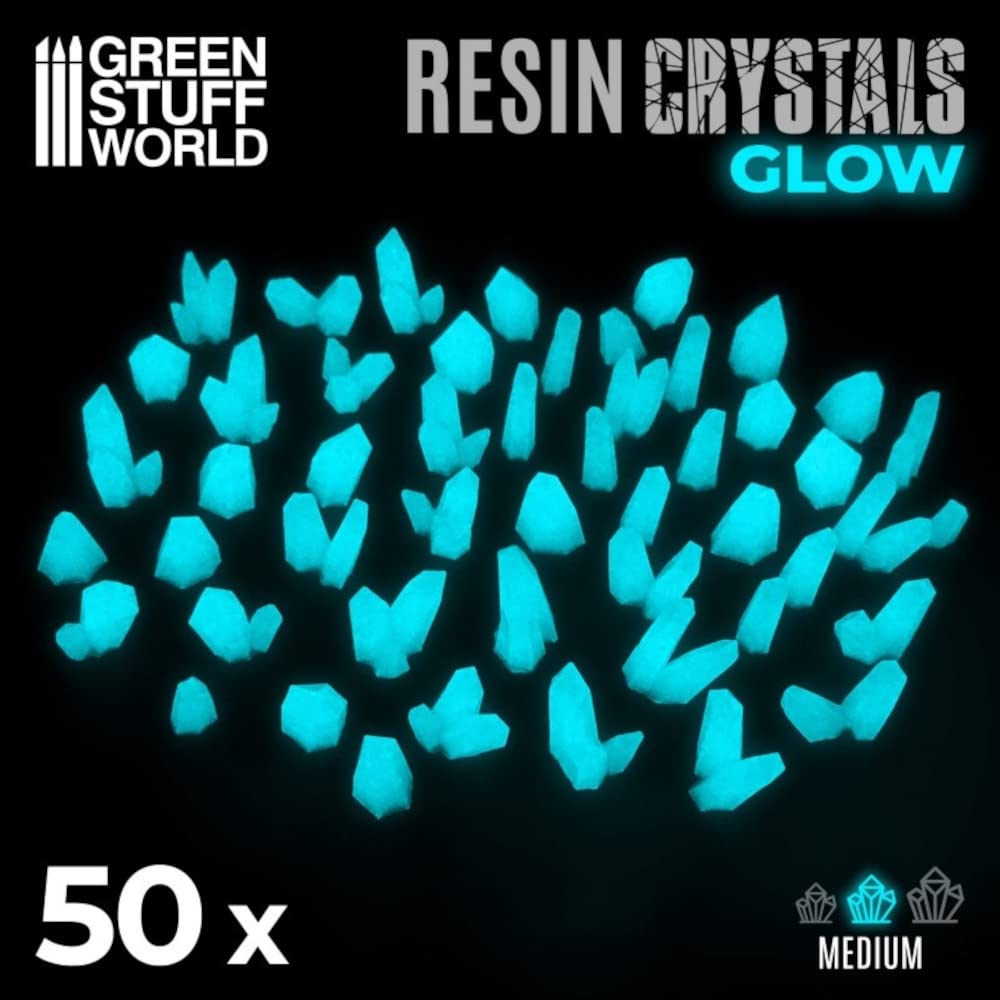 Greenstuff World GSWD-10393 Glow in The Dark Resin Crystal Aqua Turquoise Blue Medium Size 50 Pieces Diorama Material