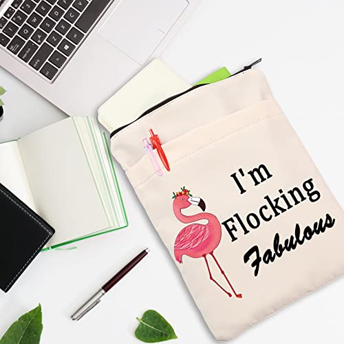 LEVLO Pink Flamingo Lovers Gifts I'm Flocking Fabulous Book Cover Book Sleeve Zipper Pocket with Flamingo Pattern BFF Gift (I'm Flocking Fabulous)