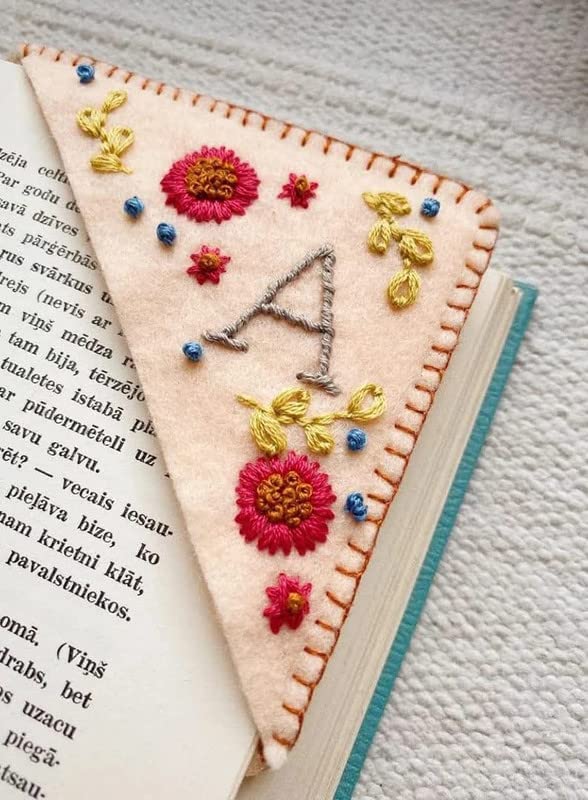 Felt Triangle Bookmark, Personalized Hand Embroidered Corner Bookmark, Cute Flower Letter Embroidery Bookmarks, Page Corner Handmade Bookmark, Bookmarks for Book Lovers(Autumn,C)